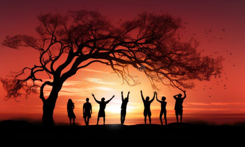 Silhouette of a Group of People Dancing Under a Tree at Sunset Stock ...