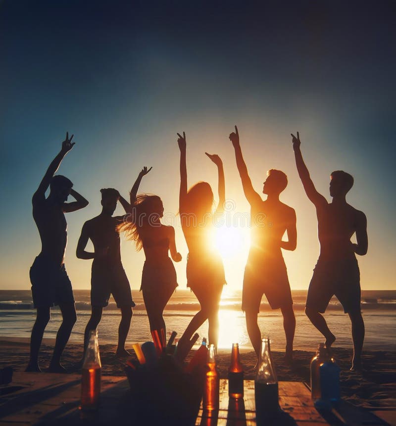 Silhouette of a Group of People Having Fun at a Beach Party Generative ...