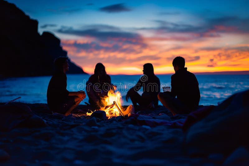 Silhouette of Group of People Sitting in the Front of the Fire As they ...