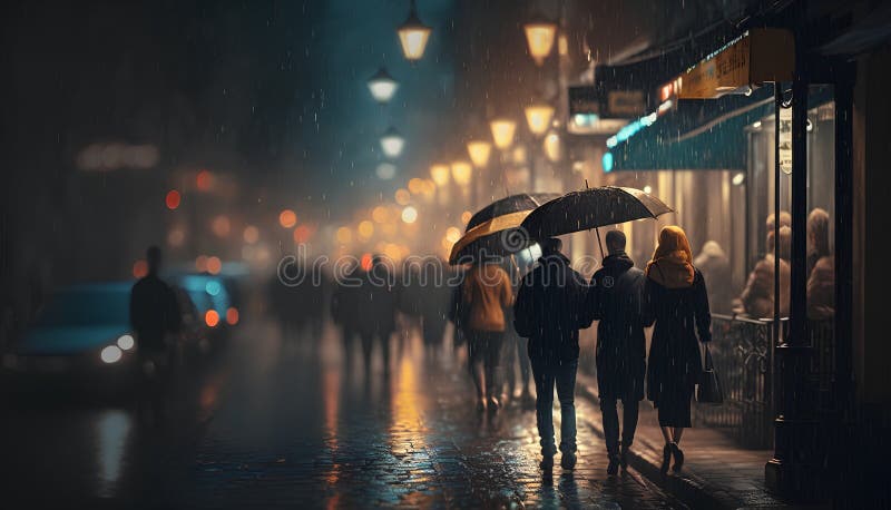 Silhouette of a Group of People Walking in the Rain. Stock Illustration ...