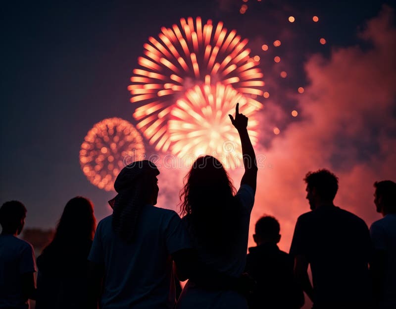 Silhouette of a Group of People are Watching Fireworks with Their Hands ...