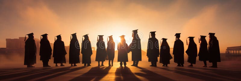 Silhouette of a Group of the University Graduates Masters at Sunset ...