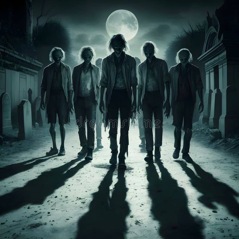 Silhouette of a Group of Zombies Walking in a Graveyard Stock ...