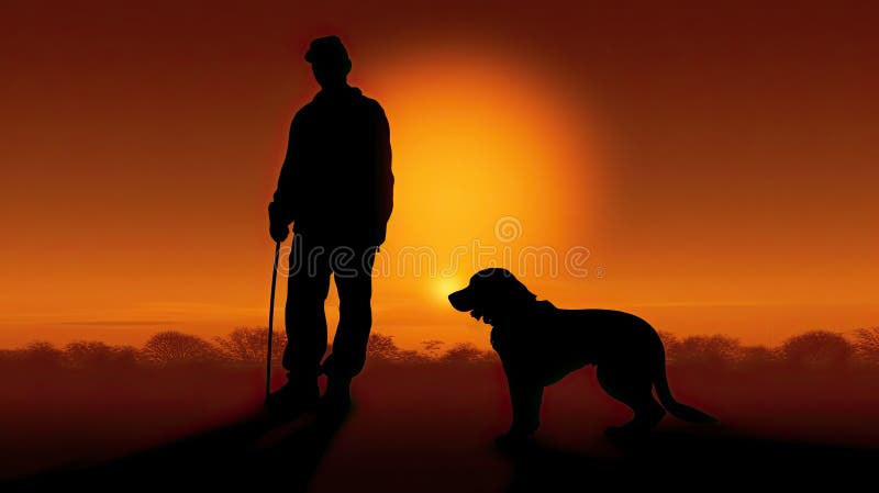 Silhouette of a Guide Dog with Blind Man. Golden, Labrador, Guide Dog ...