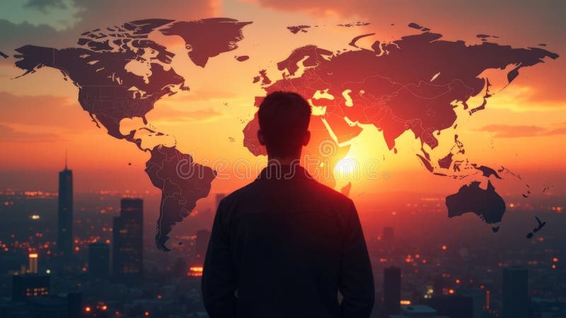 Silhouette of a Guy Looking at a World Map at Sunrise Stock ...