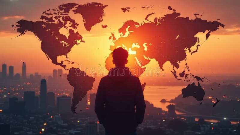 Silhouette of a Guy Looking at a World Map at Sunrise Stock ...