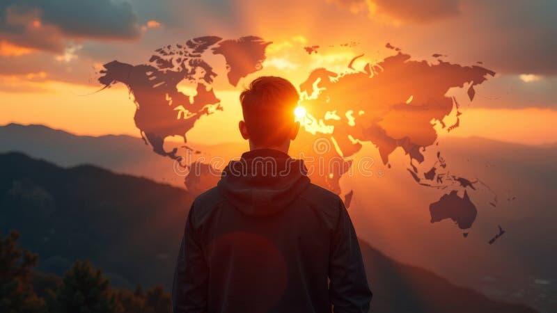 Silhouette of a Guy Looking at a World Map at Sunrise Stock ...