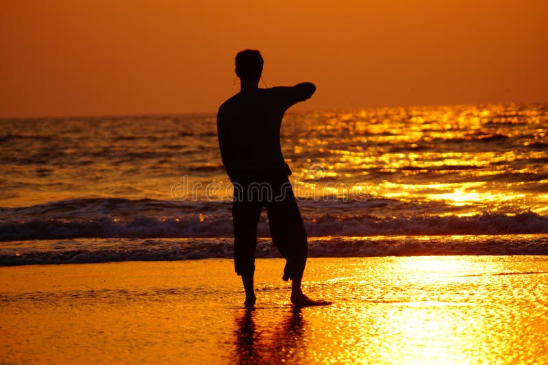 Silhouette of the Guy on the Sunset Stock Photo - Image of dancing ...