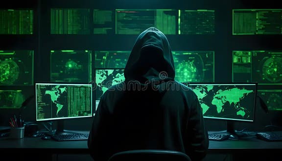 Silhouette of a Hacker in a Dark Room Full of Computers Hacking Stock Illustration ...