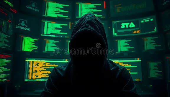 Silhouette of a Hacker in a Dark Room Full of Computers Hacking Stock ...