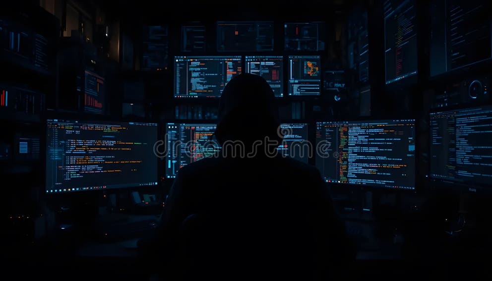 Silhouette of a Hacker in a Dark Room Full of Computers Hacking Stock ...