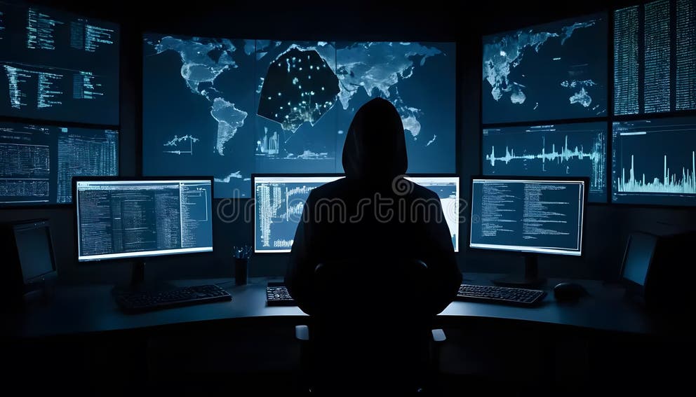 Silhouette of a Hacker in a Dark Room Full of Computers Hacking Stock ...