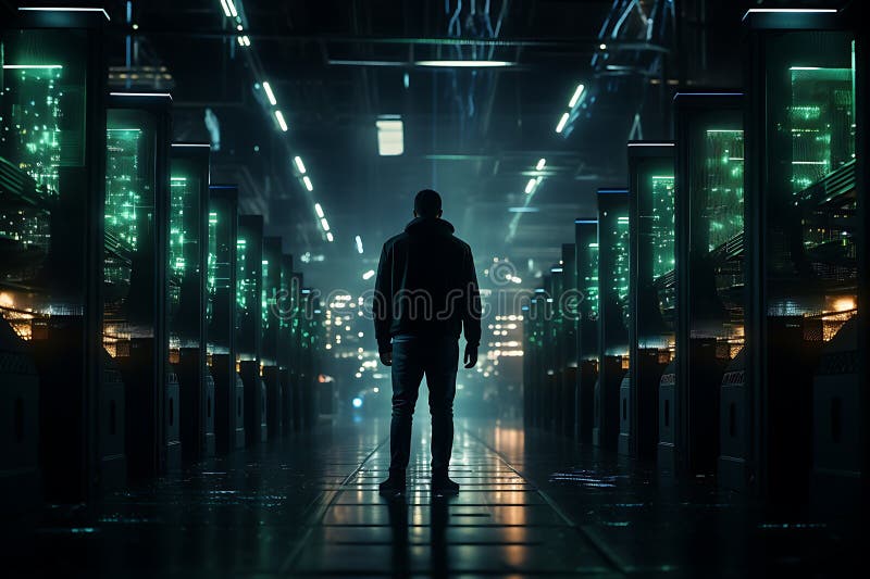 Silhouette of a Hacker in a Dark Server Room. 3D Rendering Stock ...