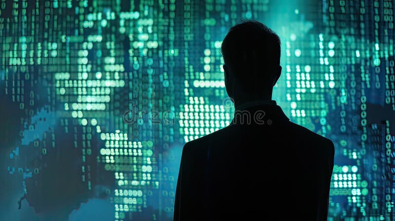 Silhouette of a Hacker Facing a Code-Filled World Map Stock Image ...