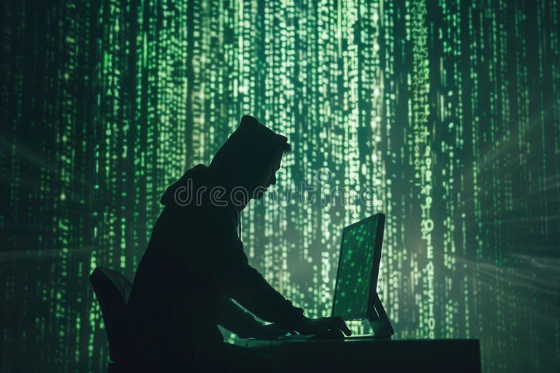 A Silhouette of a Hacker Focused on Coding, Illuminated by a Large Screen Displaying Green ...