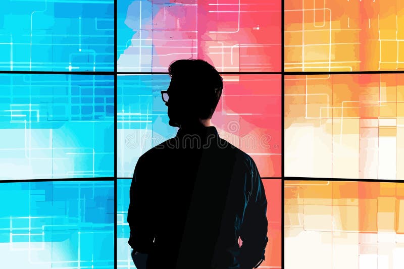Silhouette of Hacker in Front of Multiple Screens Isolated Illustration ...