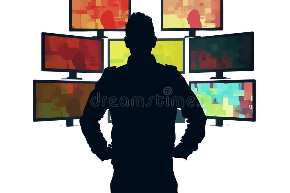 Silhouette of Hacker in Front of Multiple Screens Isolated Illustration ...