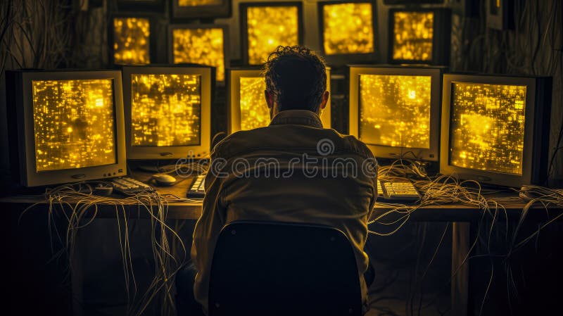 Silhouette of a Hacker in Front of Technology Background with Glowing ...