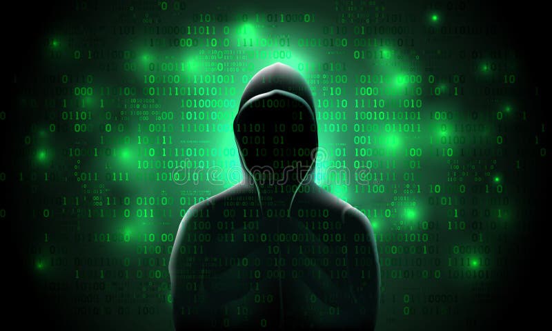 Silhouette Of A Hacker In A Hood Against A Background Of Glowing Green Binary Code Hacking Of