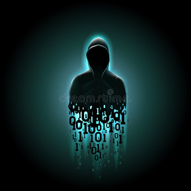 Silhouette of a Hacker with Binary Code on a Green Background, Hacking of a Computer System ...
