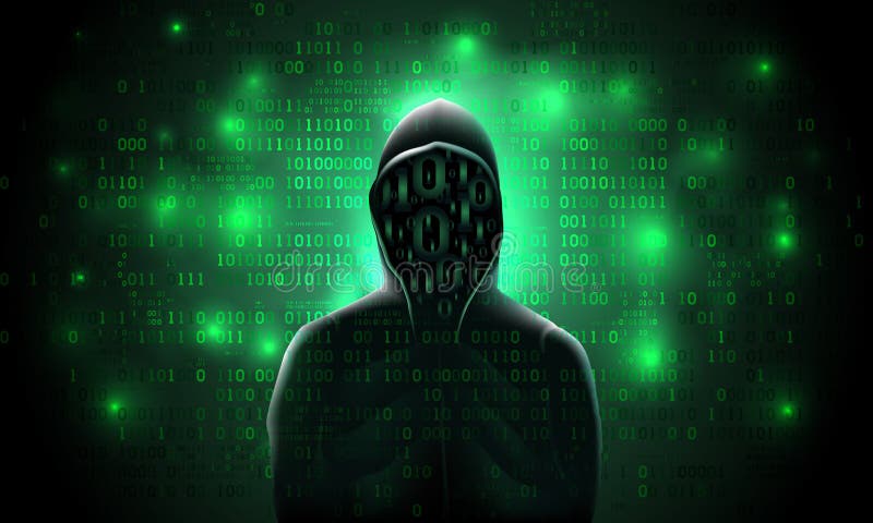 Silhouette of a Hacker with Binary Code on a Green Background, Hacking of a Computer System ...