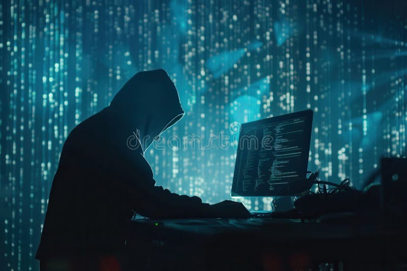 A Silhouette of a Hacker in a Hoodie Types Rapidly on a Computer ...