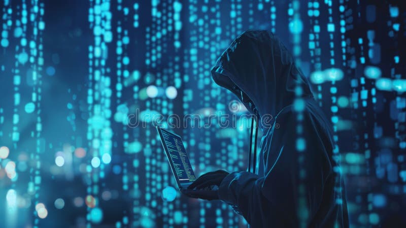 Silhouette of a Hacker in a Hoodie Using a Laptop with a Digital Matrix ...