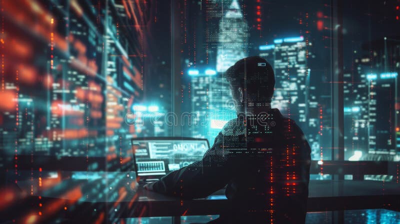 Silhouette of a Hacker Using a Digital Device with a Transparent ...