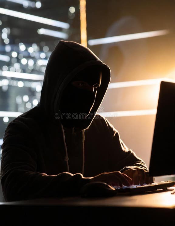 Silhouette of a Hacker Working on a Computer in a Dark Room. Generative AI Stock Image - Image ...