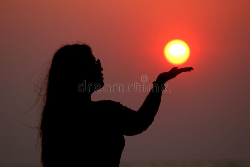 Silhouette of Hand Holding Sun at Sunrise Stock Image - Image of summer ...