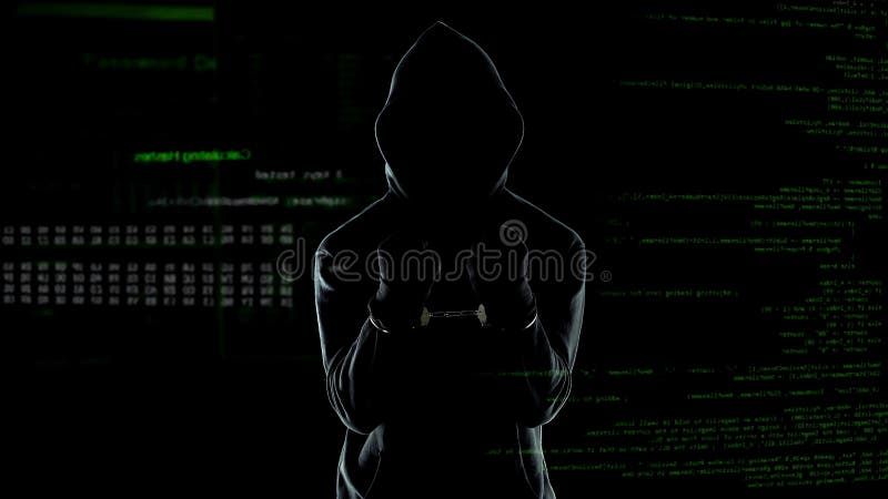 Silhouette of Handcuffed Angry Hacker on Animated Computer Code ...