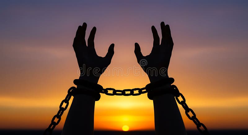 Silhouette of Hands Bound by Chains at Sunset: a Symbol of Captivity ...