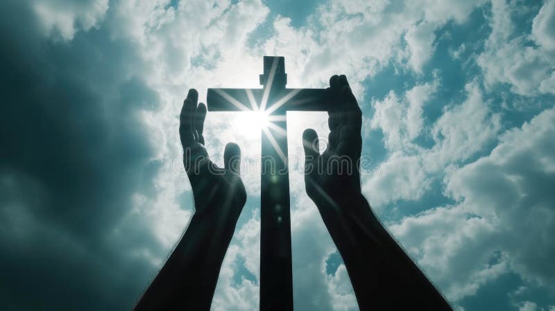 Silhouette of Hands and a Cross Against Blue Sky with White Clouds ...