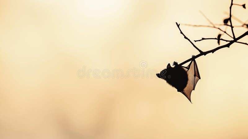 Silhouette of Hanging Bat on Tree Branch during Sunset, Peaceful ...