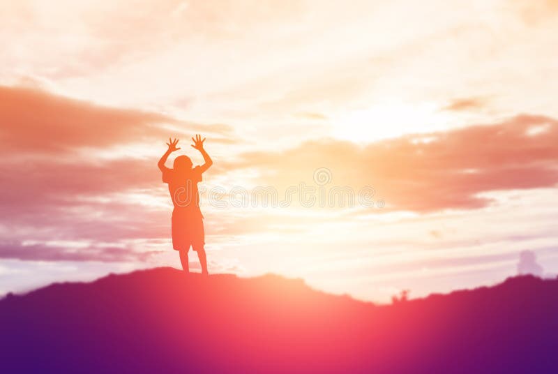 Silhouette of a Happy Children and Happy Time Sunset Stock Image ...