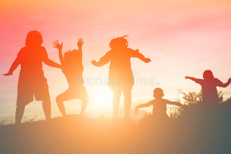 Silhouette of a Happy Children and Happy Time Sunset Stock Image ...