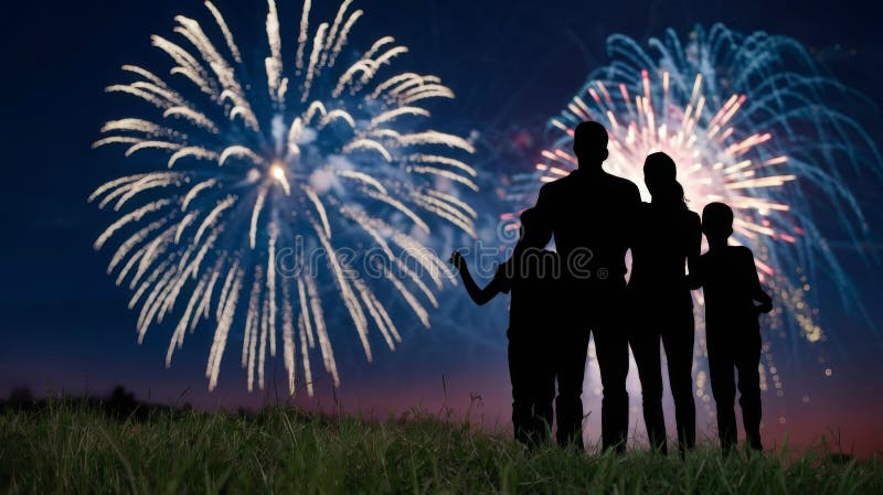 Silhouette of Happy Family on Hill Watching Fireworks Display Stock ...