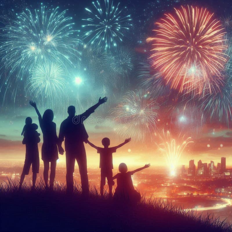 Silhouette of Happy Family on Hill Watching Fireworks Display Stock ...