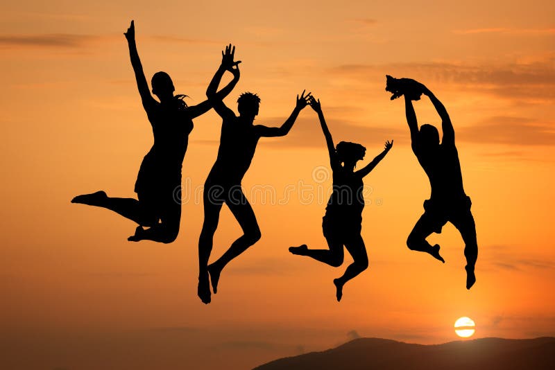 Silhouette of Happy People Jumping at Sunset Stock Photo - Image of ...