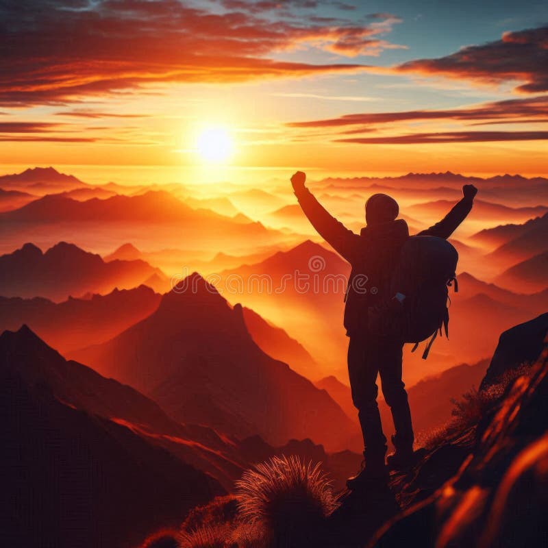 Silhouette of a Happy Traveler at Mountain Peak Sunset Stock ...