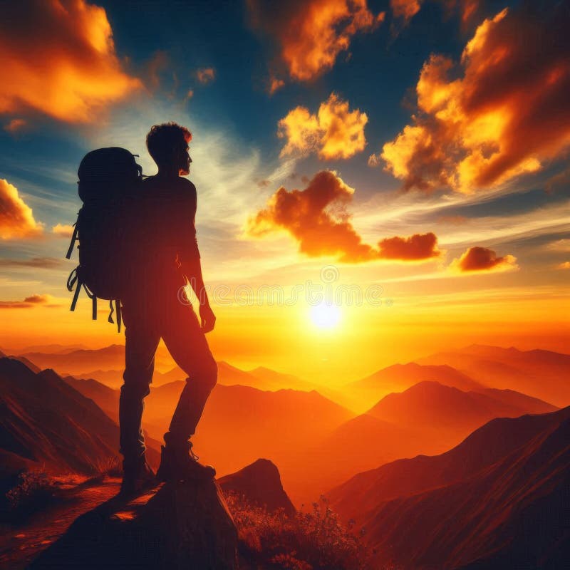 Silhouette of a Happy Traveler at Mountain Peak Sunset Stock ...