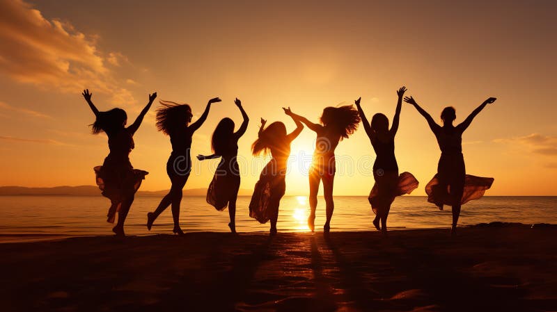 Silhouette Of Happy Women Friends Dancing At Beach Party At Sunset
