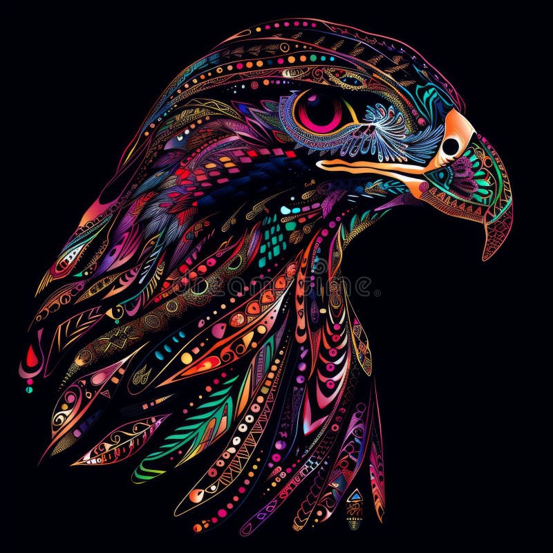 Silhouette of a Hawk Head with Vibrant Tribal Patterns. Stock ...
