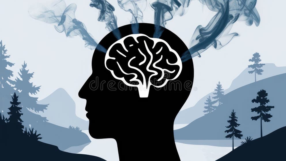 A Silhouette of a Head with a Brain Illustration, Surrounded by Smoke ...