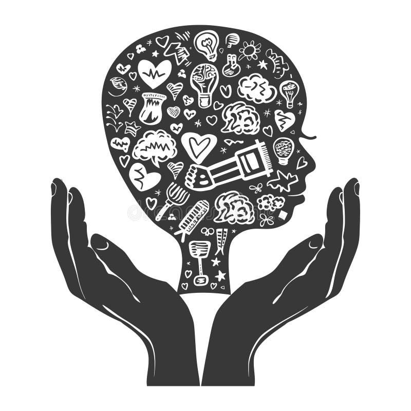 Creative Mind Concept: Hands Holding Head Filled with Ideas Stock ...