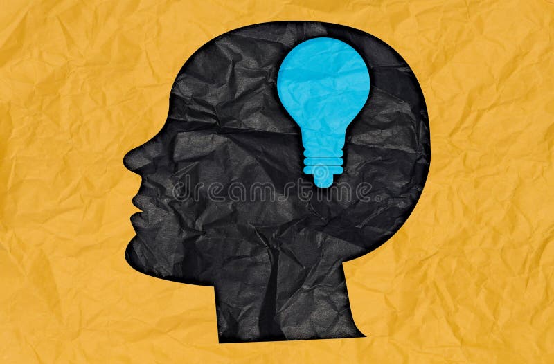 Silhouette of a Head and a Lightbulb Inside, Crumpled Paper Texture ...