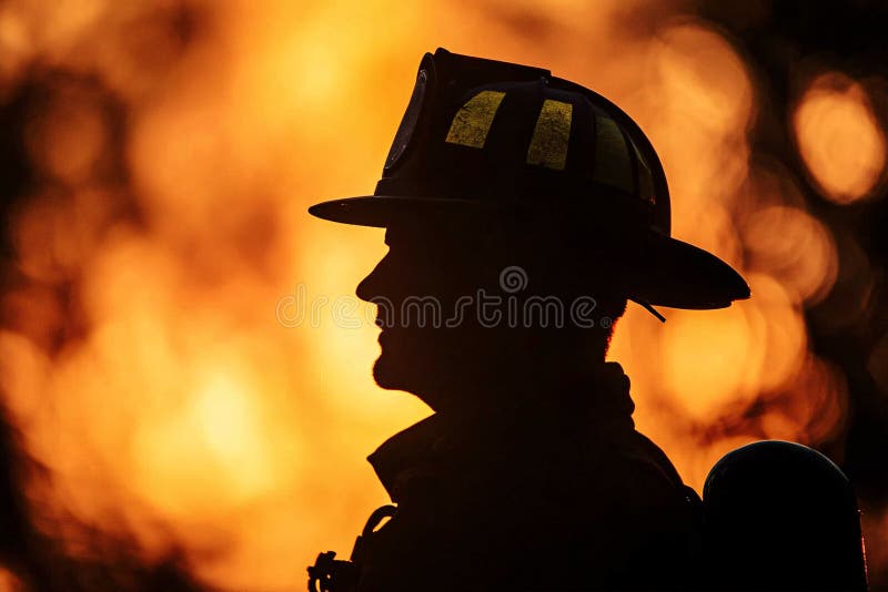 Silhouette of Head of Male Firefighter with Helmet with Burning Fire in ...