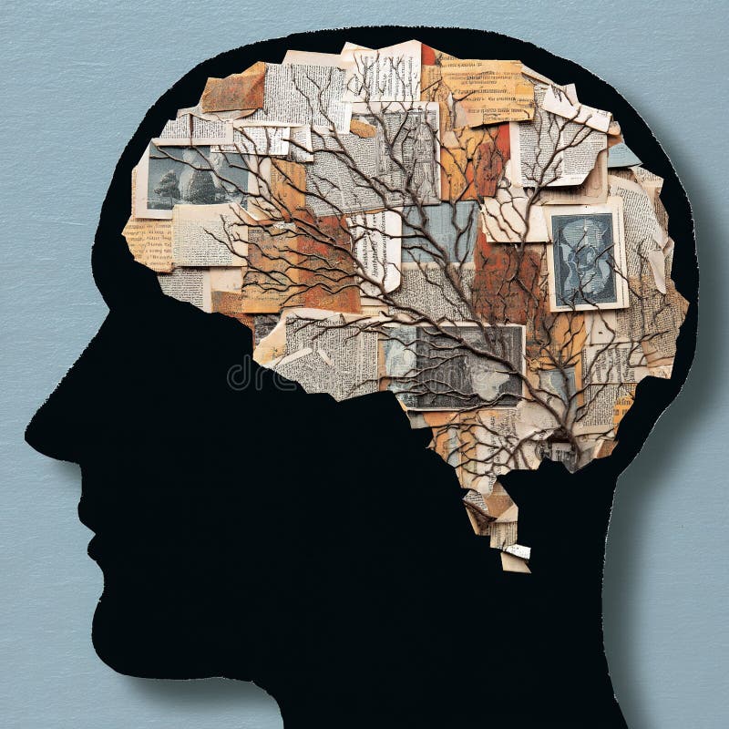 Silhouette of Head with Paper Collage Brain and Branches on Blue ...