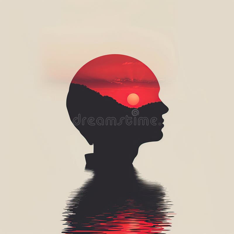 Silhouette Head with Sunset Inside Reflecting on Water Stock Photo ...