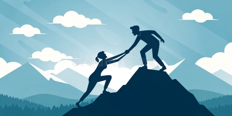 Silhouette Helping Hand on Mountain Peak, Teamwork ,Support Stock Illustration - Illustration of ...